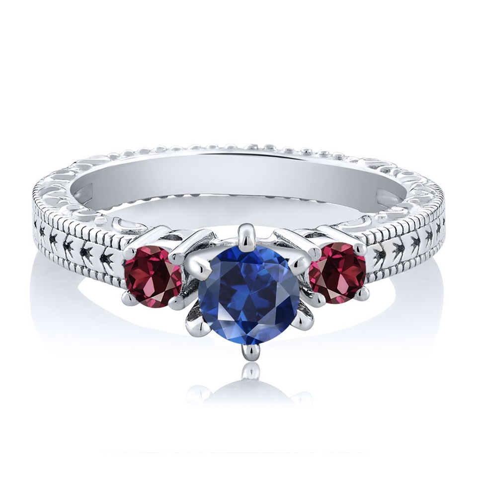 0.84 Ct Blue Created Sapphire Red Rhodolite Garnet 925 Sterling Silver ...