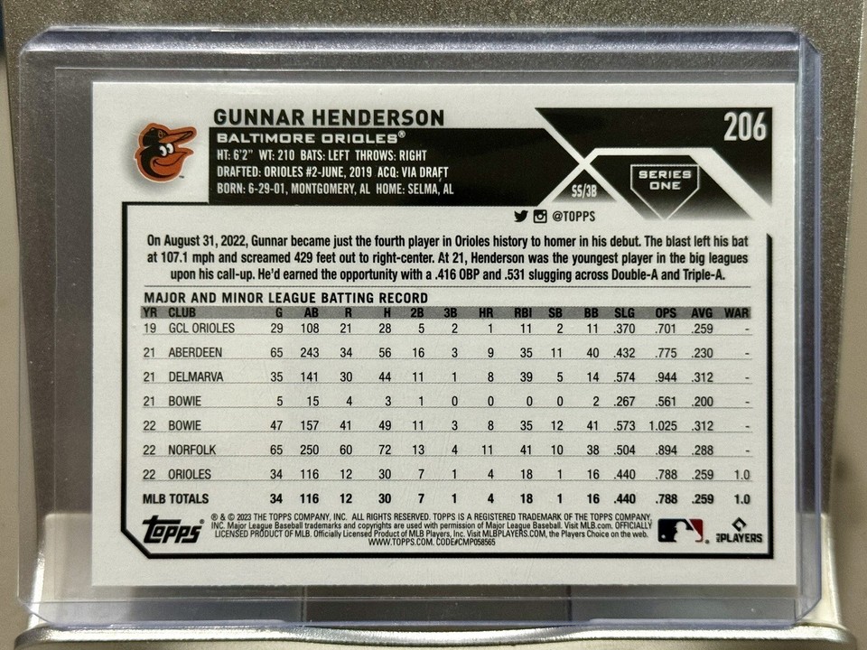 2023 Topps Gunnar Henderson Baltimore Orioles Rookie Baseball Card #206 ...