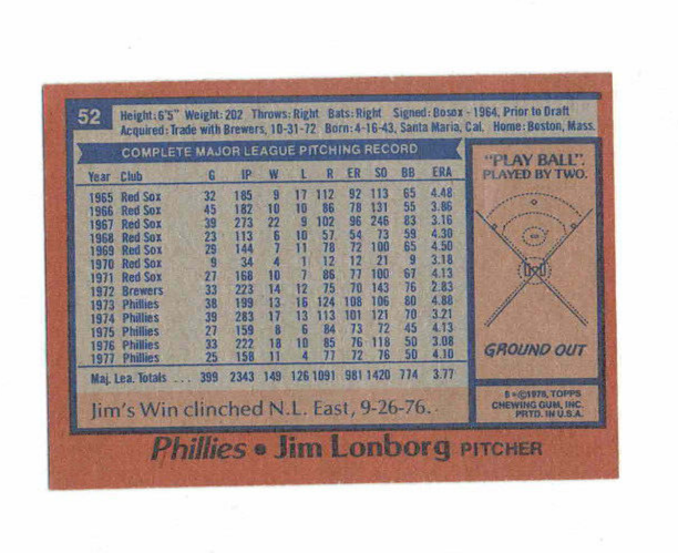 Jim Lonborg Philadelphia Phillies P #52 Topps 1978 #Baseball Card | eBay