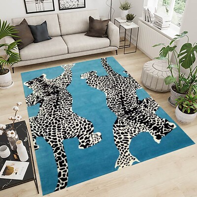 Climbing leopard, Hand tufted rug. Leopard print rug. Blue leopard rug ...