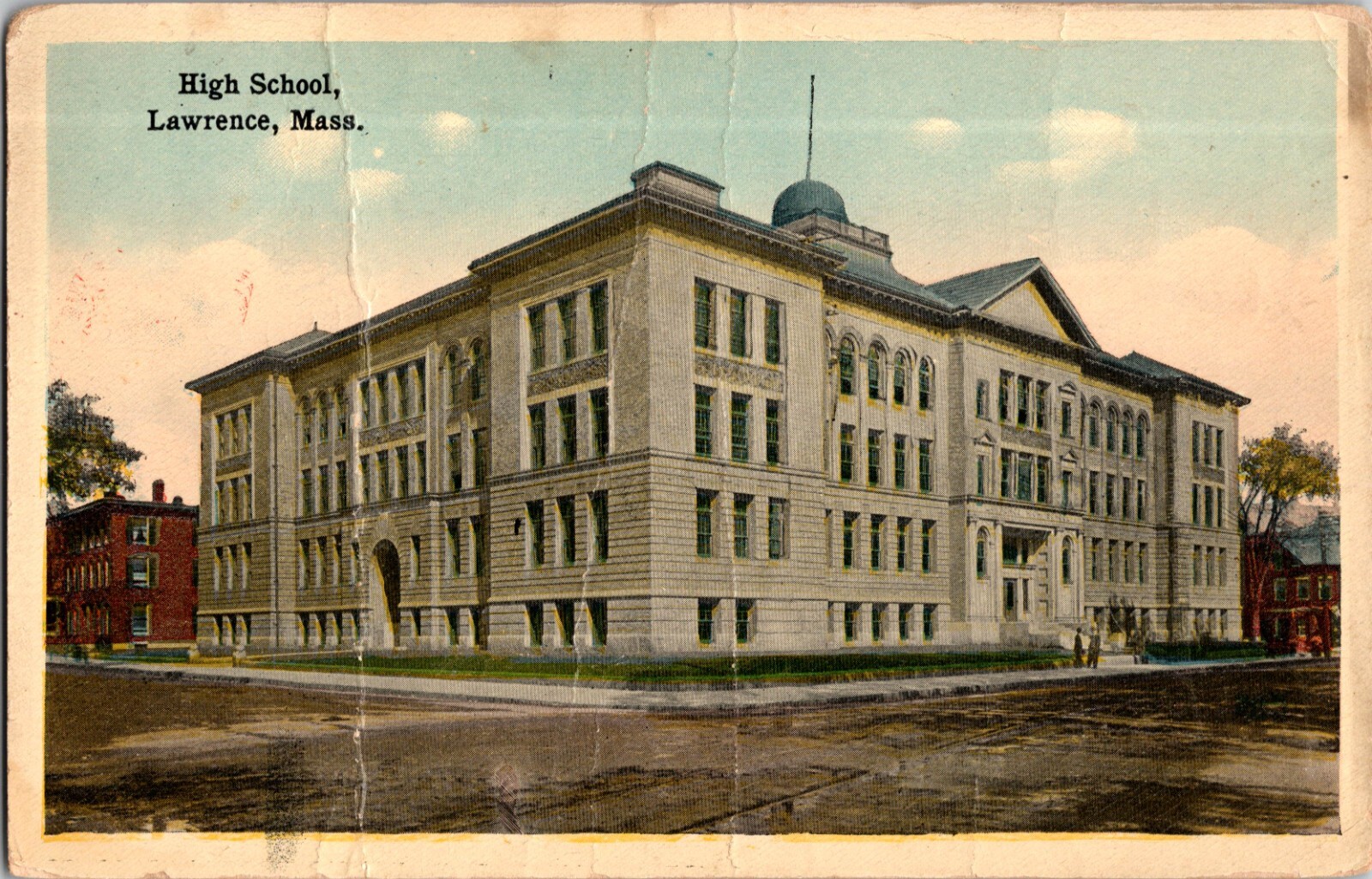 High School Street View Lawrence Mass Vintage Postcard Postmarked 1916 ...