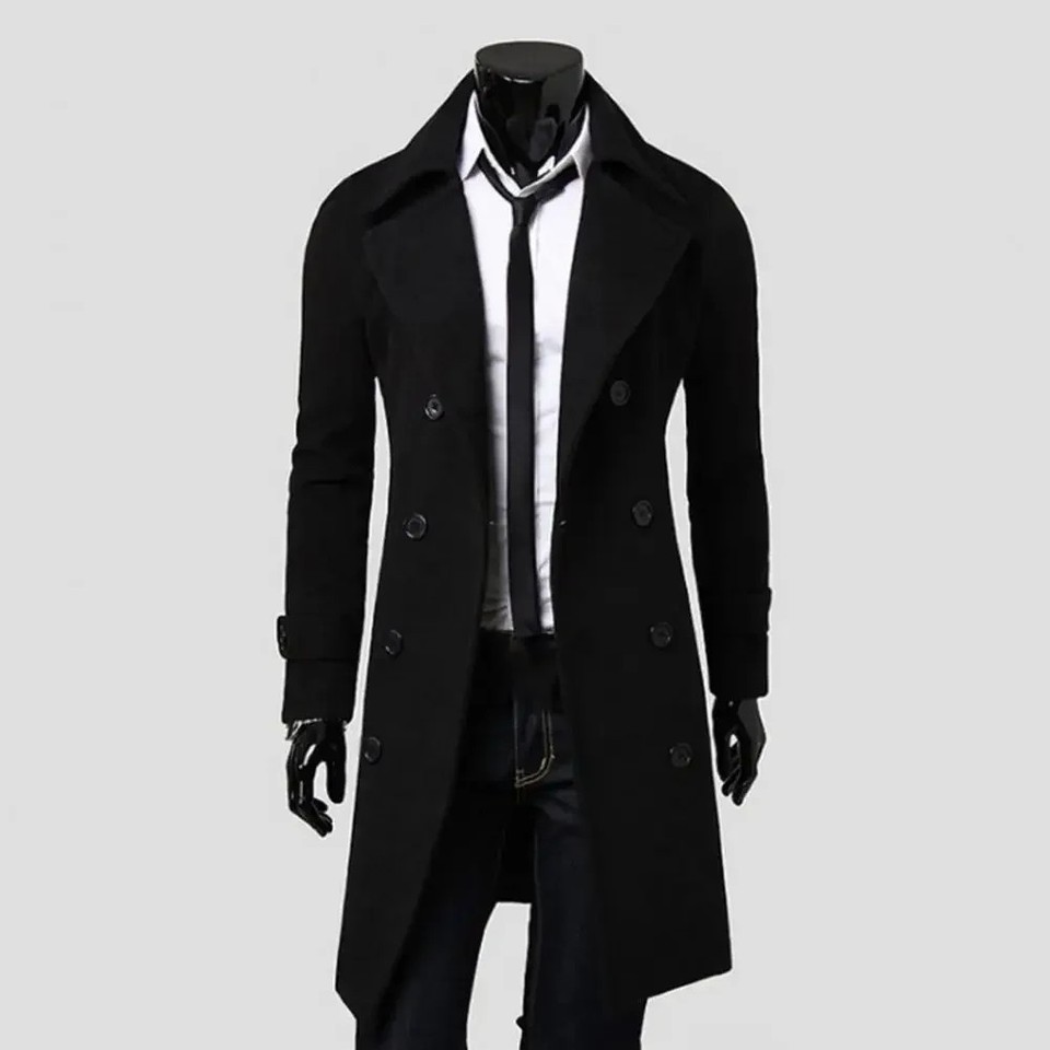Simple Trench Coat Double-breasted Male Men Coat Coldproof Pure Color ...