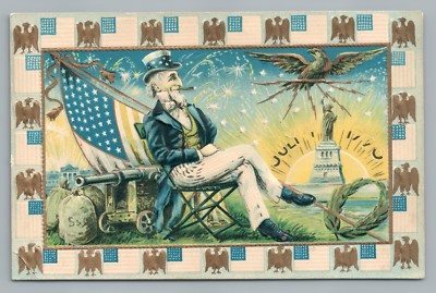 Cigar Smoking Uncle Sam RARE BLUE Patriotic Americana Embossed July 4 ...