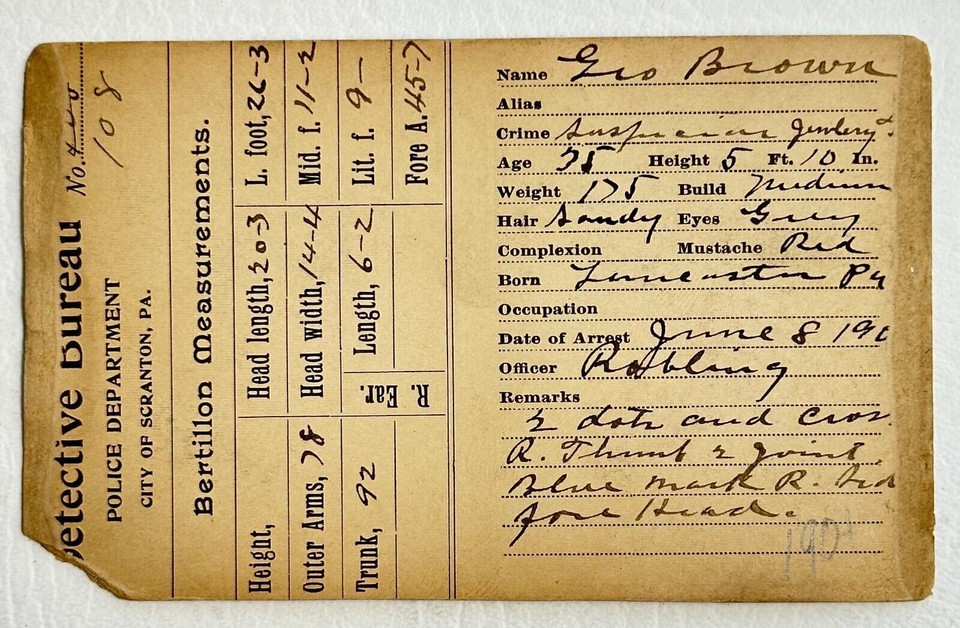 1901 SUSPICIOUS JEWELRY Geo Browne Age 35 SCRANTON PA Mug Shot Arrest ...