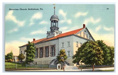 Bethlehem, PA Postcard- MORAVIAN CHURCH Flag Trees Street Clouds | eBay