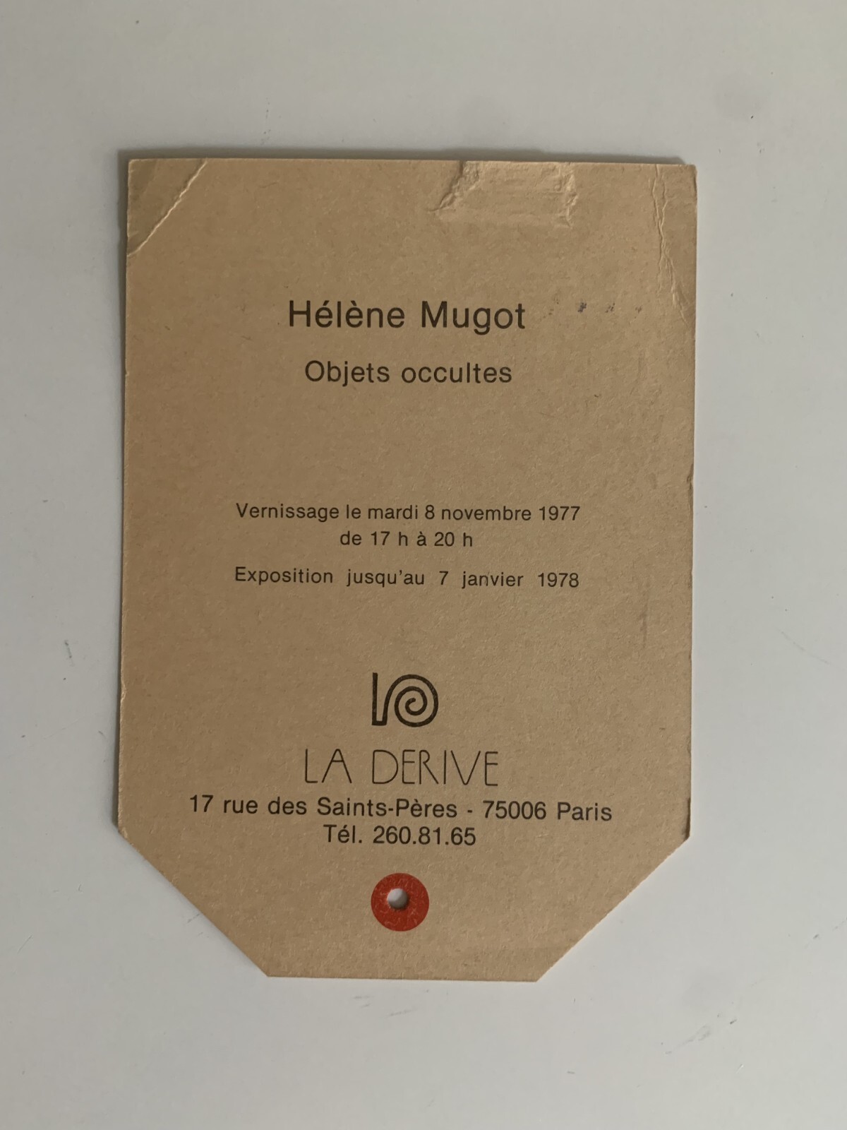 CARTON D'INVITATION HELENE MUGOT OBJETS OCCULTES GALERIE LA DERIVE ...