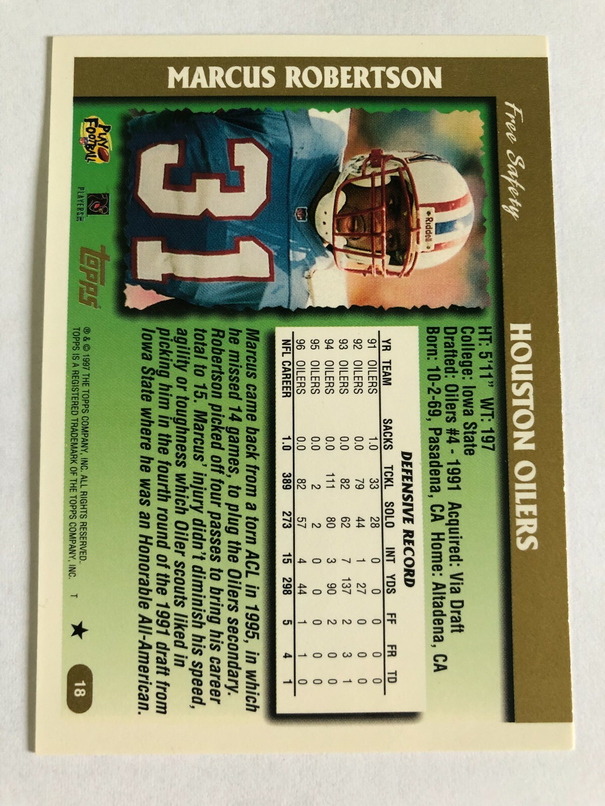 1997 Topps Marcus Robertson #18 Autograph Oilers Authentic | eBay