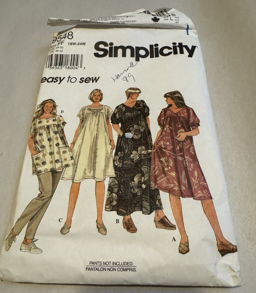 Simplicity Pattern 9548 Tunic Dress or Top Gathered Loose Fitting Sz 18 ...
