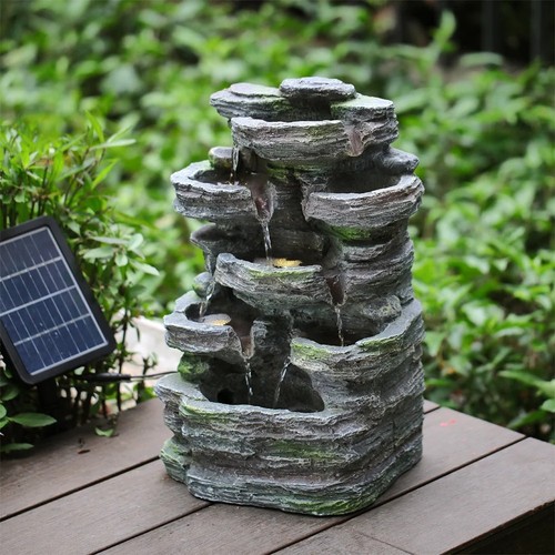 Solar Rock Cascading Fountain Outdoor Garden Water Feature LED Statue ...