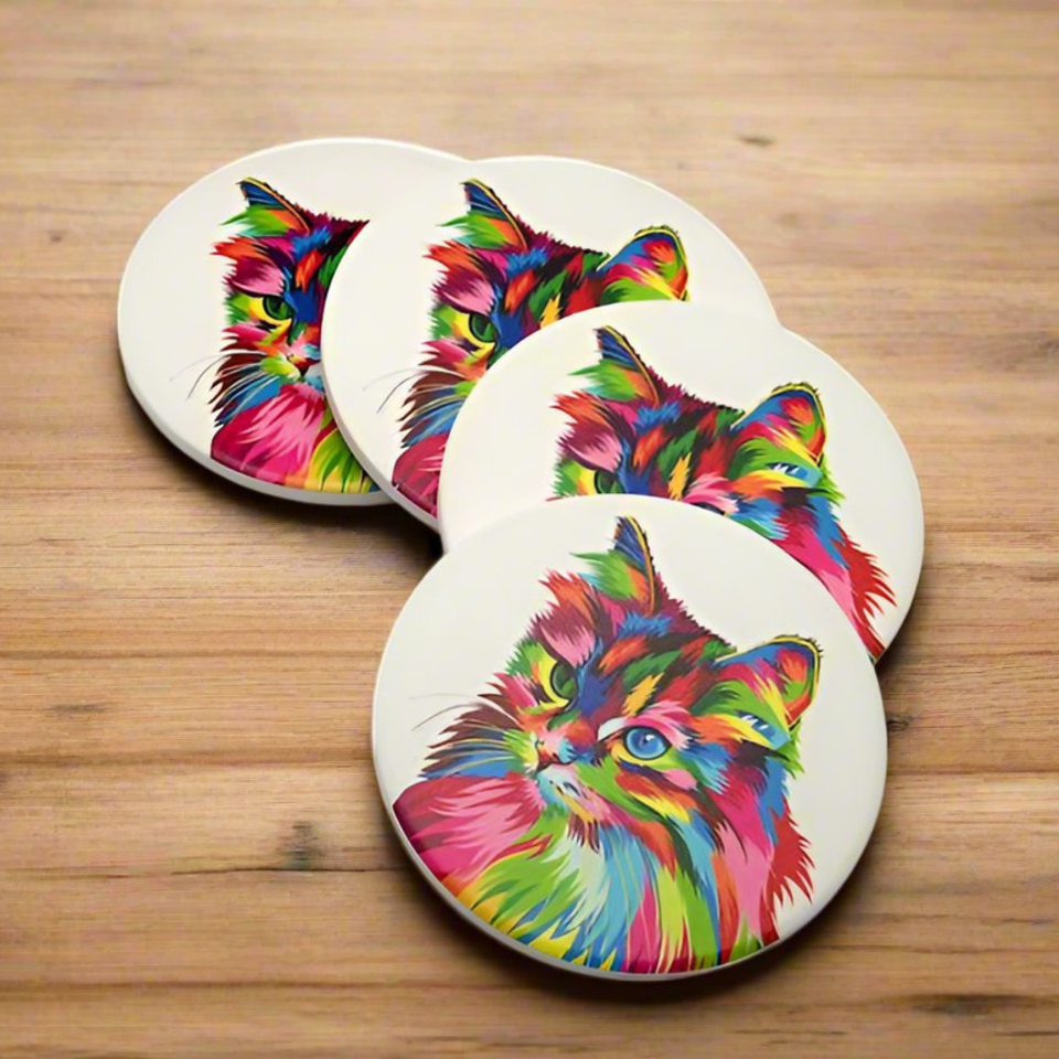 Set of 4 Ceramic Round Rainbow Cat Coasters Drinks Table Coaster Cork ...