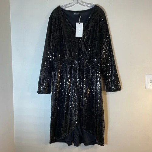 Bloom Chic 18-20 Glitter Black Sequin Long Sleeve Wrap Dress. NWT. | eBay