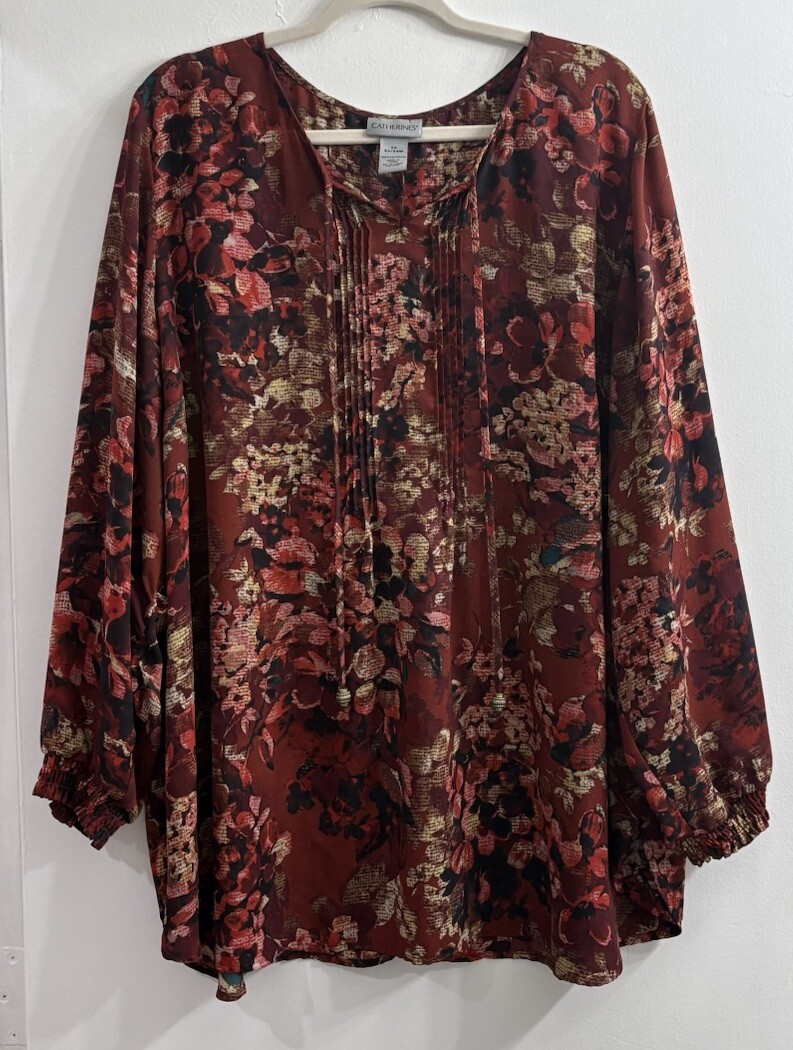 Catherines Blouse 2X Burgundy Red Floral Pleated Top … - Gem