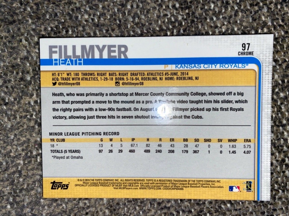 2019 Topps Chrome #97 Royals Heath Fillmore Rookie Baseball Card | eBay