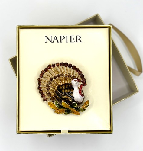 NEW Napier Gold Tone Rhinestone Enamel Fall Thanksgiving Turkey Brooch ...