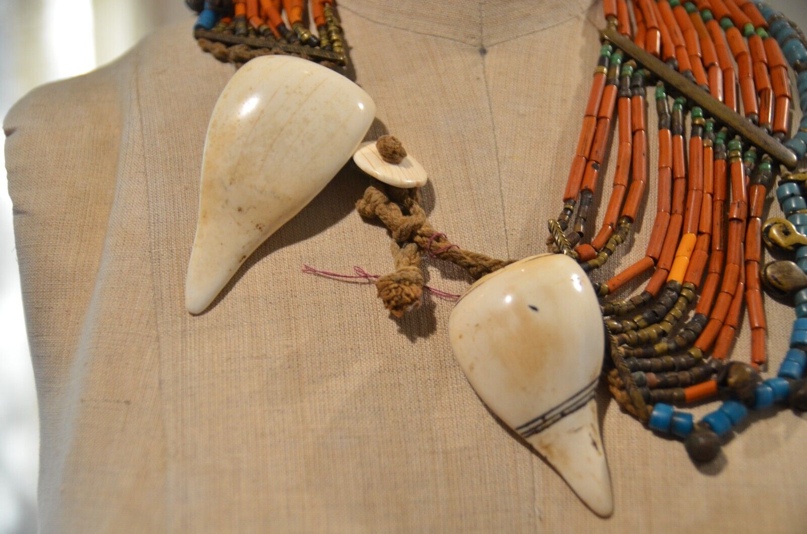 Authentic 1940s Naga Konyak Bead Necklace With Bells Gem