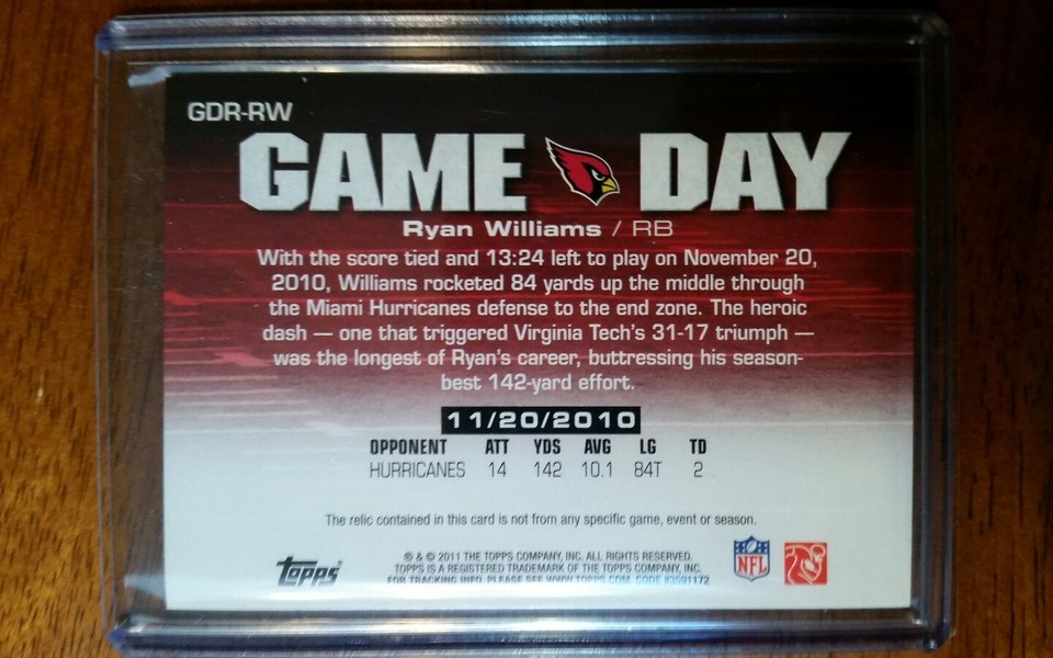 2011 Topps Football Game Day GDR-RW Ryan Williams Jersey Relic Arizona ...