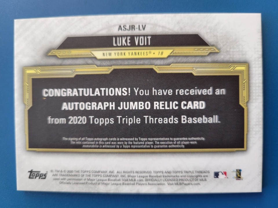Luke Voit 2020 TOPPS TRIPLE THREADS AUTO JUMBO RELIC #D /99 NEW YORK ...