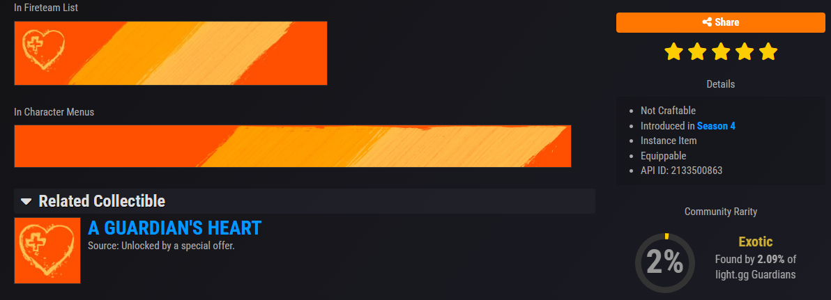 Destiny 2 Emblem Guardians Heart *RARE* only 2.09% of guardians own it ...