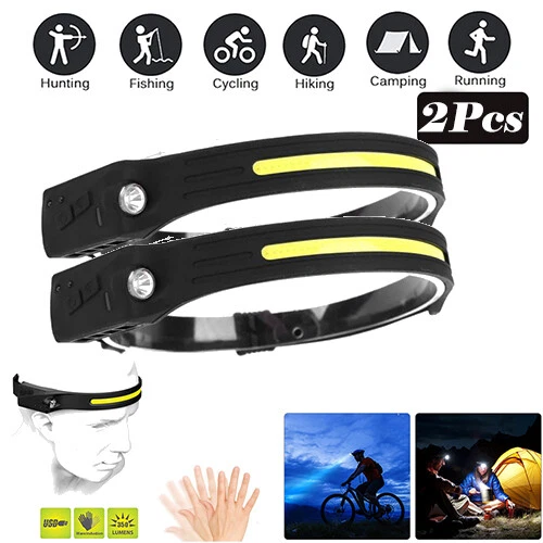 2PCS COB LED Headlamp Headlight Torch Work Light Bar Head Band Lamp USB ...