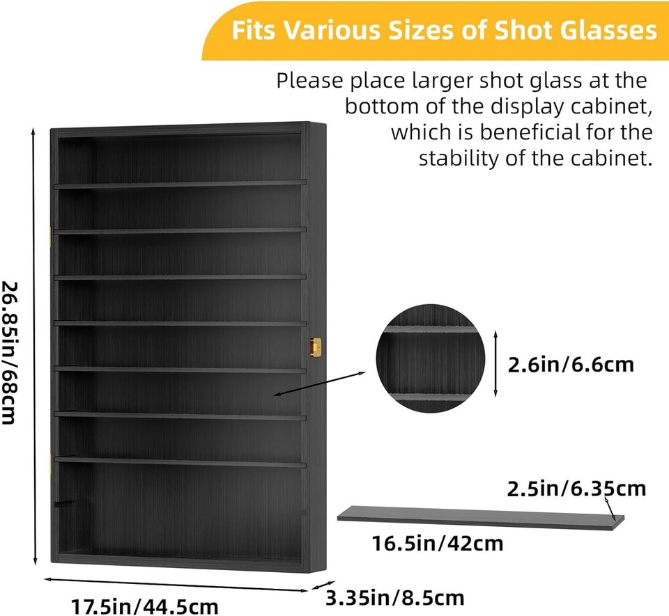 Black Shot Glass Display Case with Lockable Door Shadow Box Bar Cabinet ...