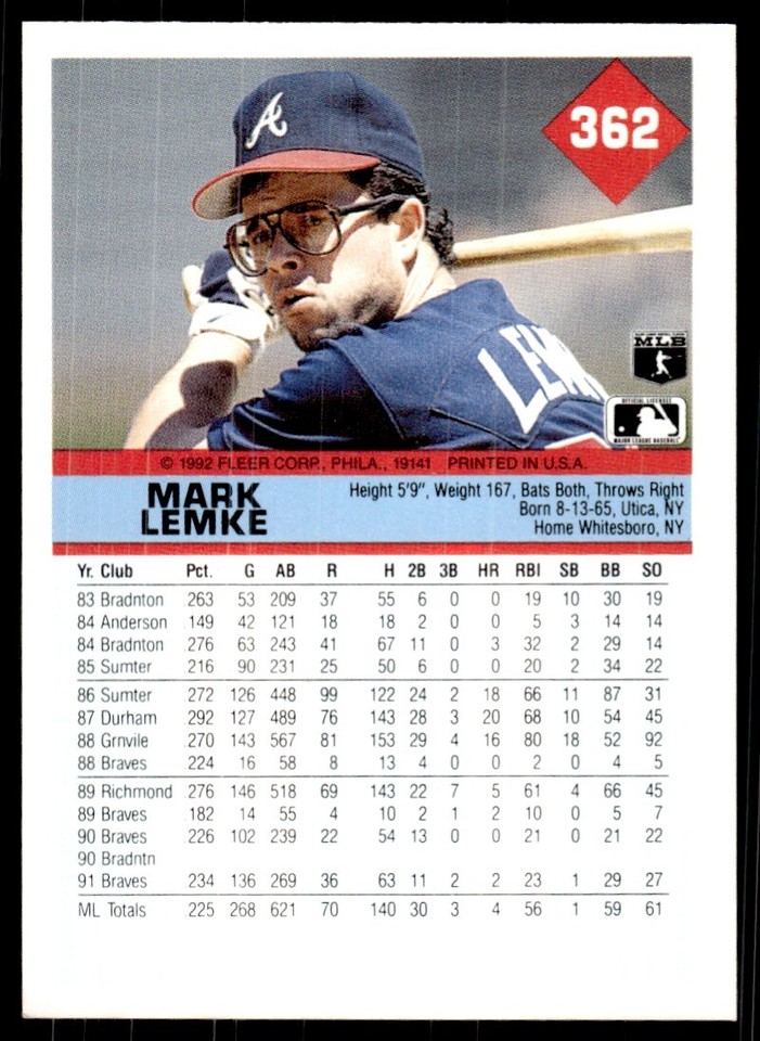 1992 Fleer Baseball Card Mark Lemke Atlanta Braves #362 | eBay