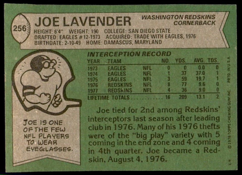 1978 TOPPS Football Vintage Card #256 🏈 JOE LAVENDER, Washington ...