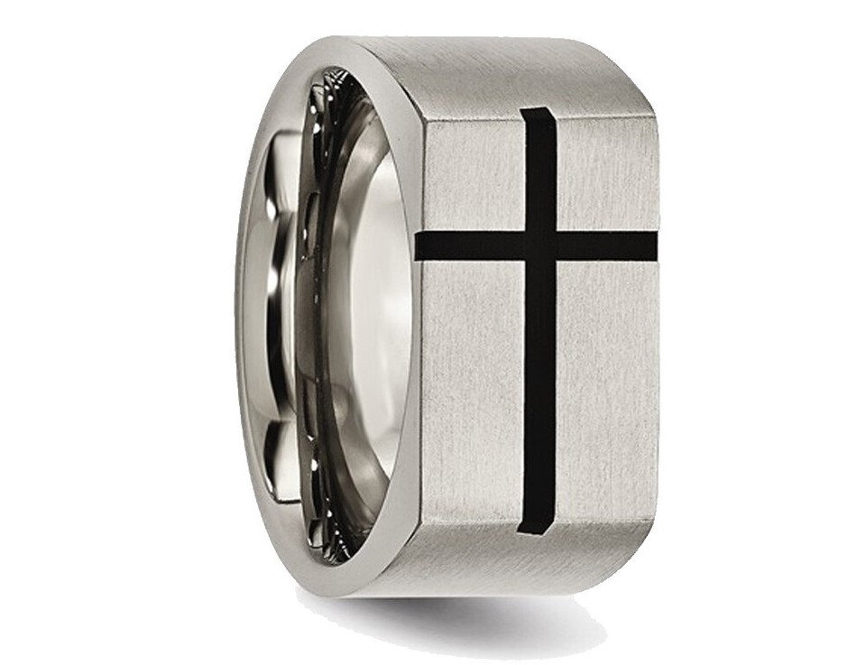 Mens Chisel Titanium 10mm Black Enamel Cross Brushed Wedding Band Ring ...