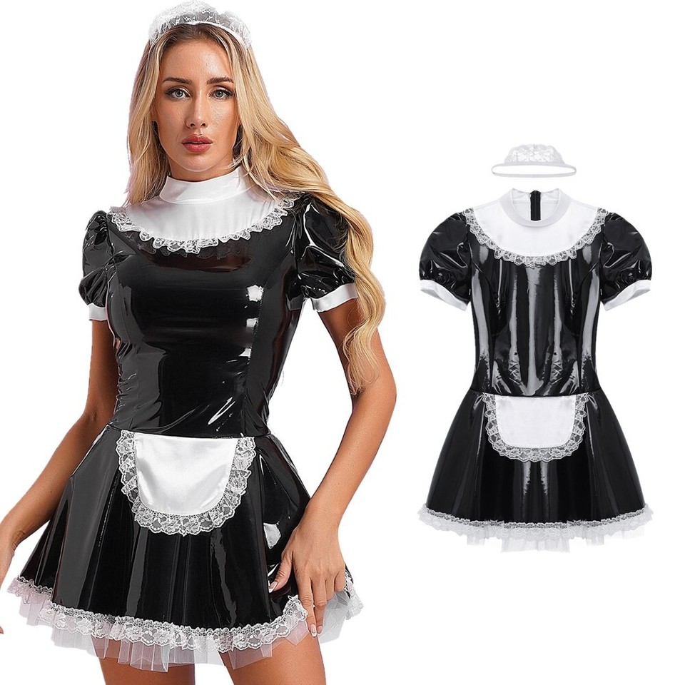 Womens Girls Maid Apron Dress PU Leather Halloween Cosplay Costume ...