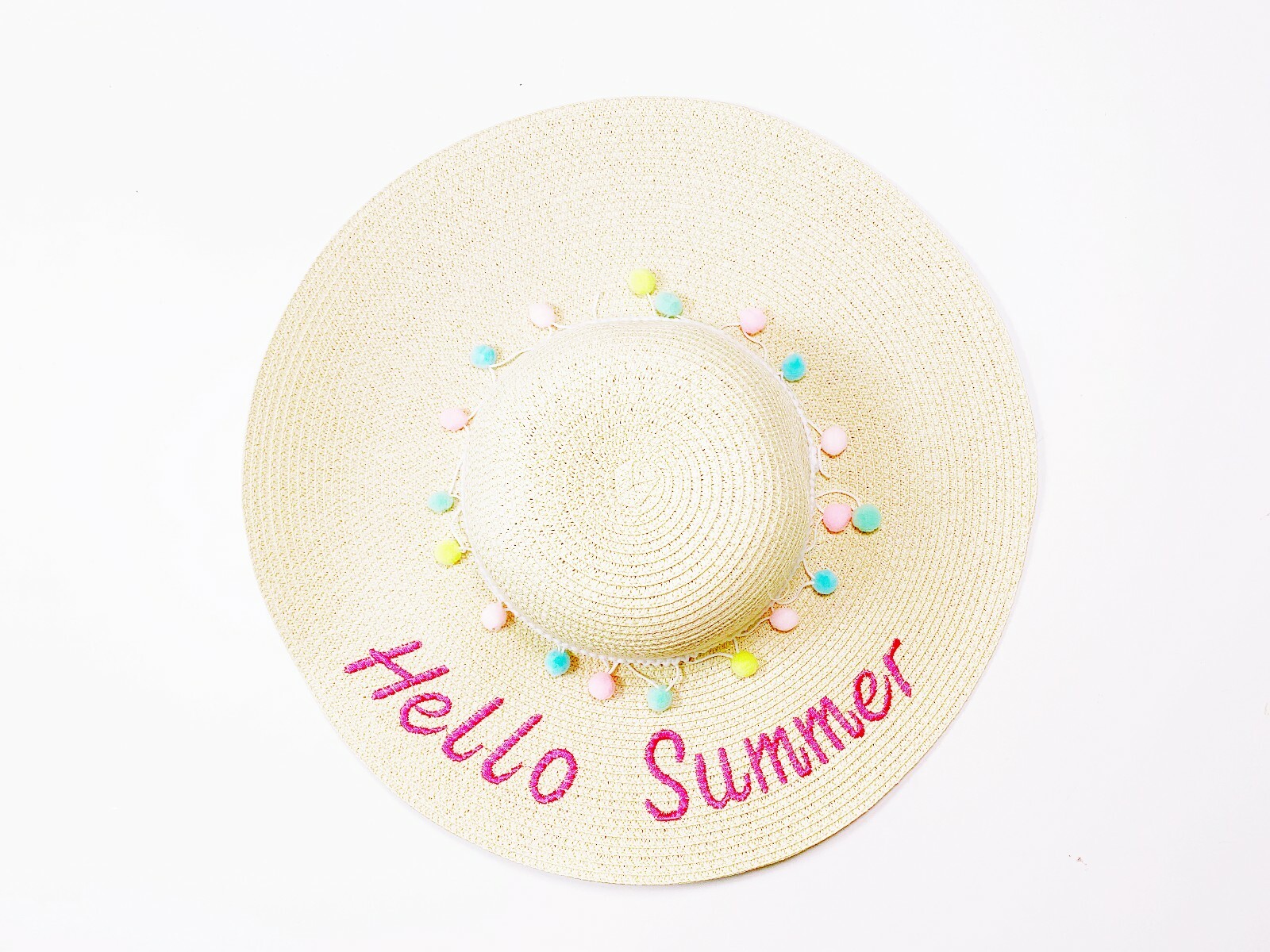 Strohhut Urlaub HELLO SUMMER Pompoms Natur Pink Hut Bommel Sonnenhut ...