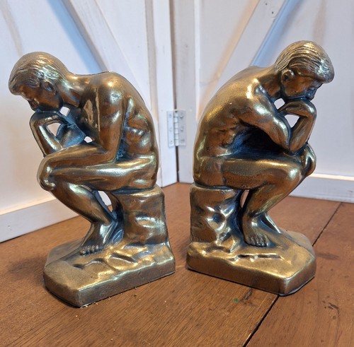 1928 Rodin Statue The Thinker Thinking Man Metal Brass Finish Bookends ...