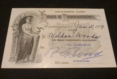 House of Representatives Visitors Gallery Pass For 76th Congress 1939 ...