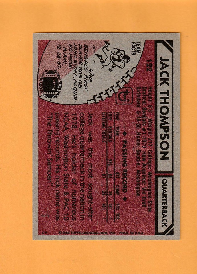 Jack Thompson Cincinnati Bengals AUTO Signed 1980 Topps Washington ...
