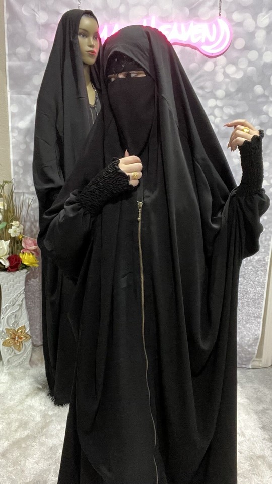 black irani chador open overhead khimar zipper scrunchy cuffs Abaya ...