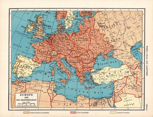 1943 Antique Europe Map Vintage Wartime Map of Europe & Mediterranean ...