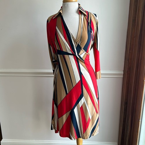 Ellen Tracey Vintage Wrap Dresss Geometric Print Red Tan Blue medium ...