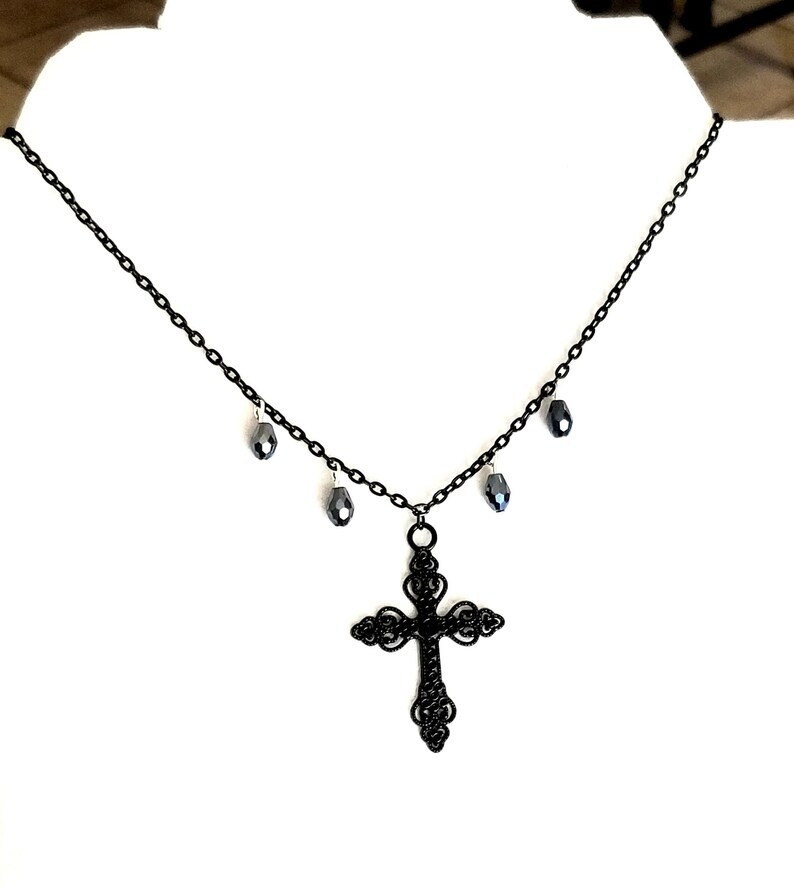 Large Black Cross Necklace Black Crystal Choker Necklace Cross Choker ...