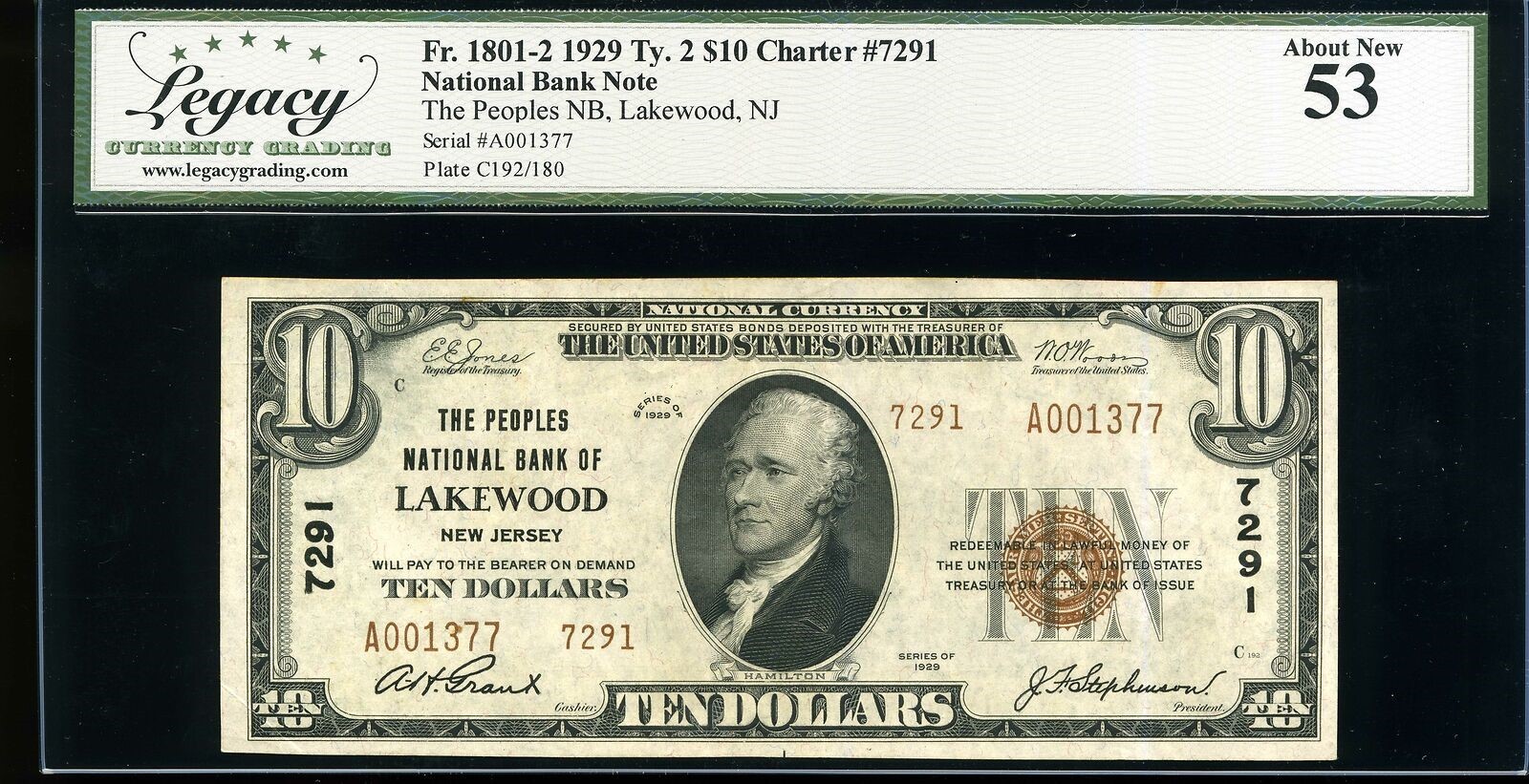 1929 $10 Peoples Natl Bank Lakewood, NJ Fr.1801-2 Ty.2 Ch#7291 AU 53 # ...