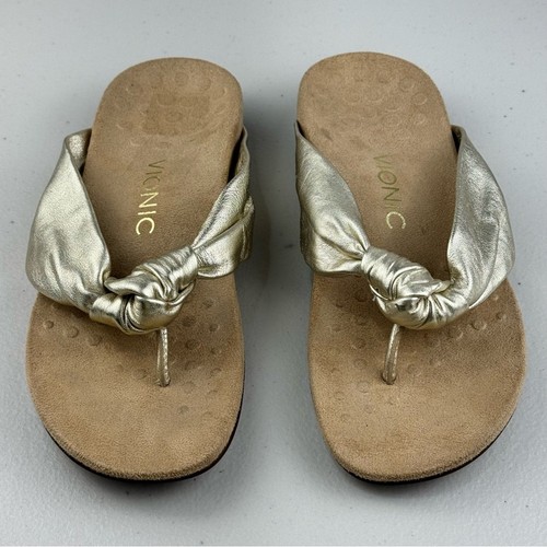 Vionic Women's Pippa Thong Champagne Leather Knotted Strap Sandals Size ...
