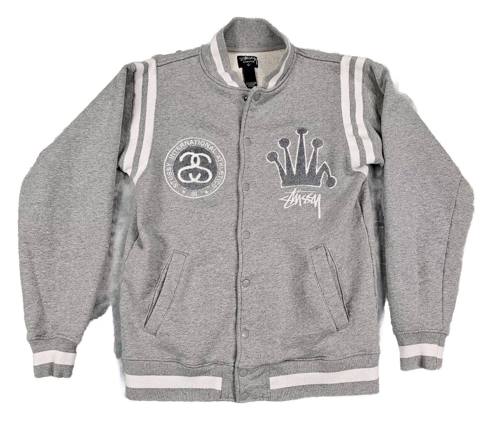 Mens Gray Rare 90s Vintage STUSSY Varsity Jacket Swea… - Gem