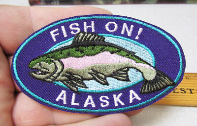 Alaska FISH ON! beautiful Salmon, iron on style embroidered patch, 3.5 ...