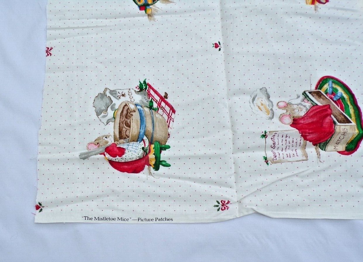 Vintage Mistletoe Mice Picture Patches Cranston Cotton Fabric Panel ...