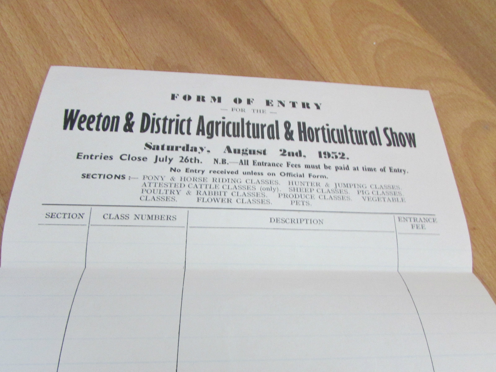 Kent Fields WEETON & District 1952 Annual Show PROGRAMME & Entry Form ...