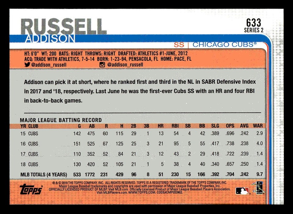 2019 Topps #633 Addison Russell All-Star Game Foil Stamp Extra 35% Off ...