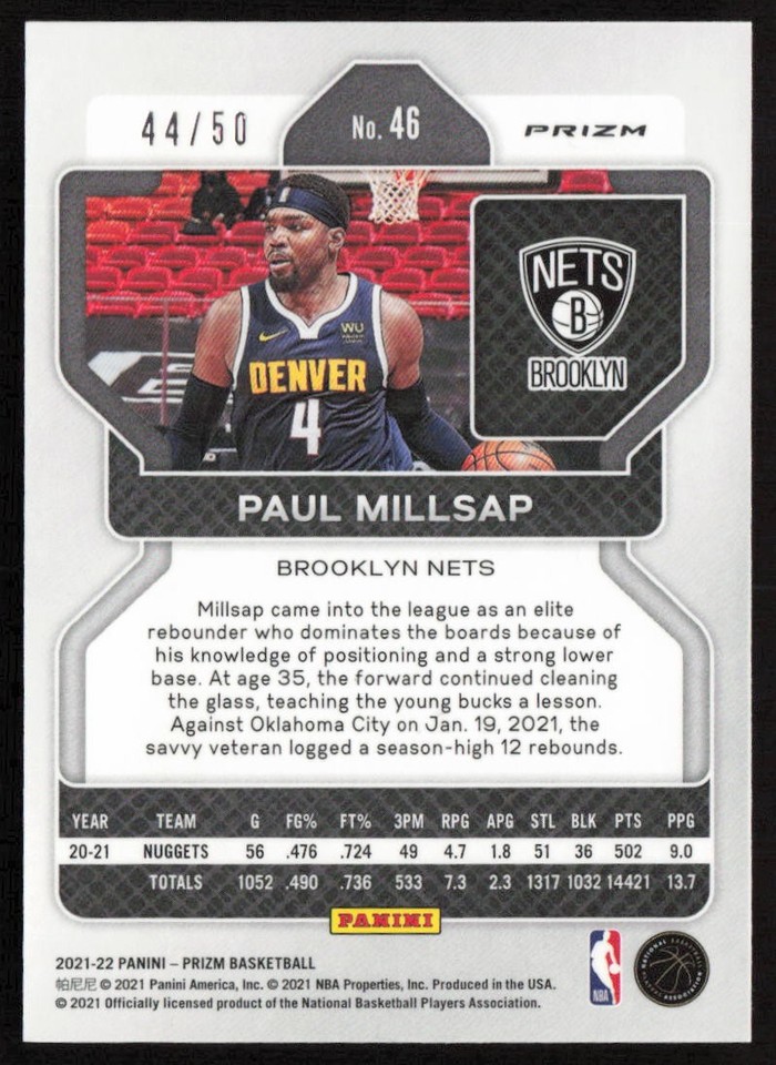 2021-22 Panini Prizm Fast Break Pink #/50 Paul Millsap #46 Brooklyn ...
