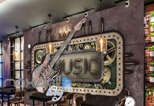 Steam Punk Music Guitar Mural Metal Art Wall Murals Wallpaper Decals ...
