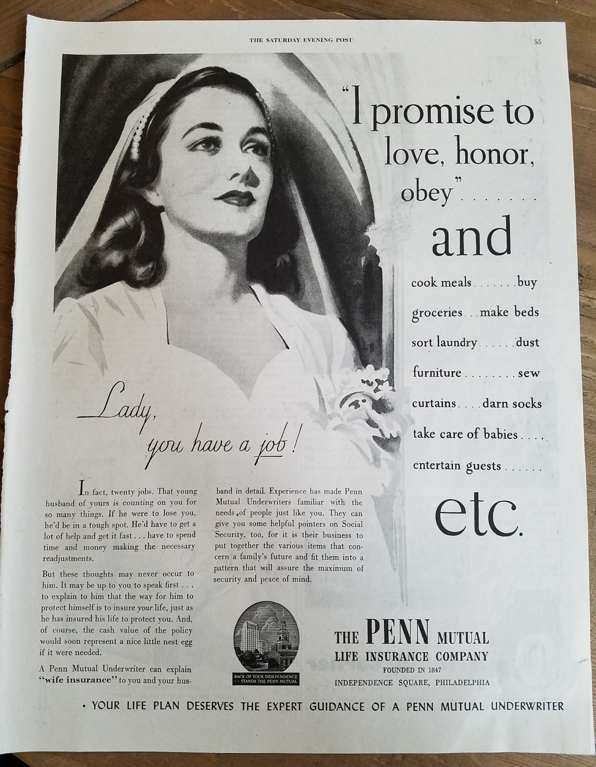 1946 Penn Mutual Life insurance Co wedding bride promise to love honor ...