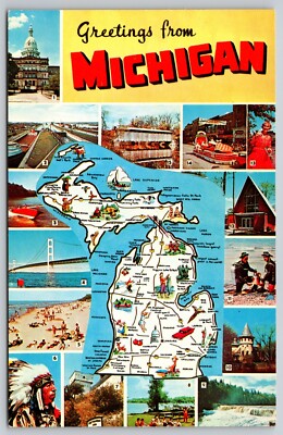 Greetings from Michigan Pictorial Map 1962 Postcard | eBay
