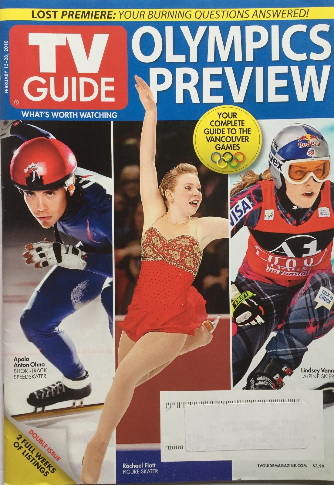 APOLO OHNO LINSEY VONN RACHEL FLATT OLYMPIC PREVIEW Feb. 2010 TV GUIDE ...