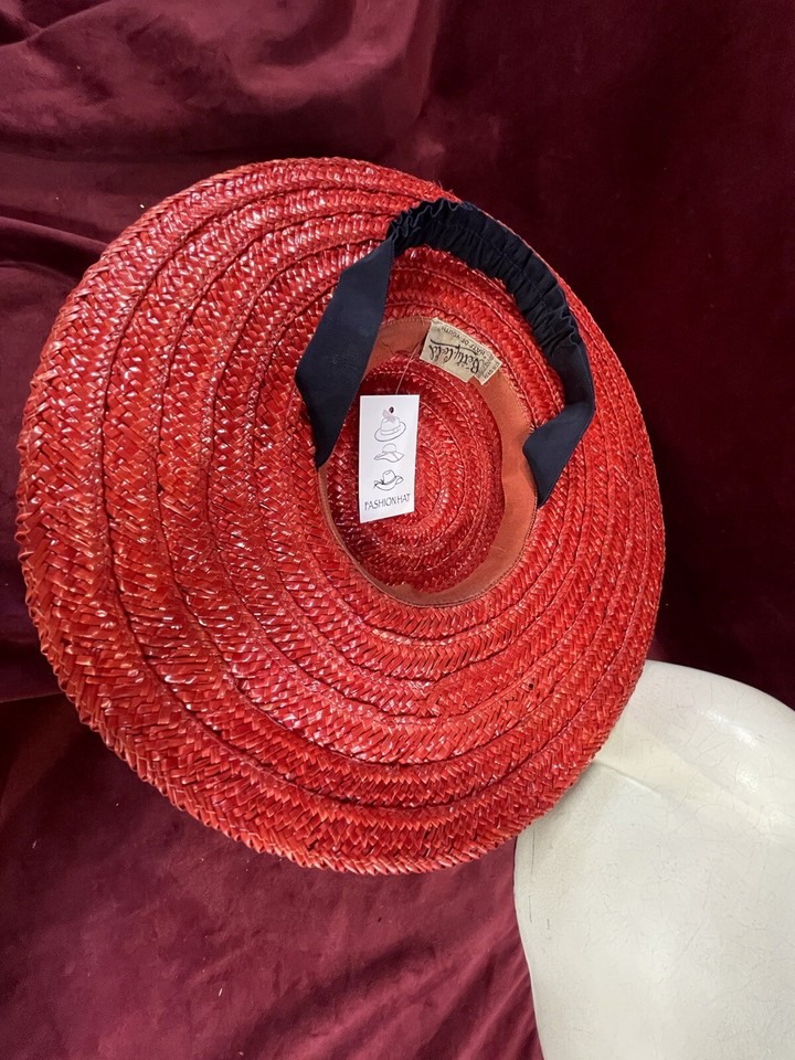 Vintage 40s Straw Hat Tilt Raffia Pin Betty Co Ed Red Navy Saucer 30s ...