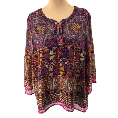 Ruby Rd Tunic Top Size XL Boho Style Dark Red Black Gold Metallic Bell ...